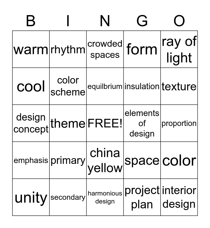 Interior Design Bingo Card
