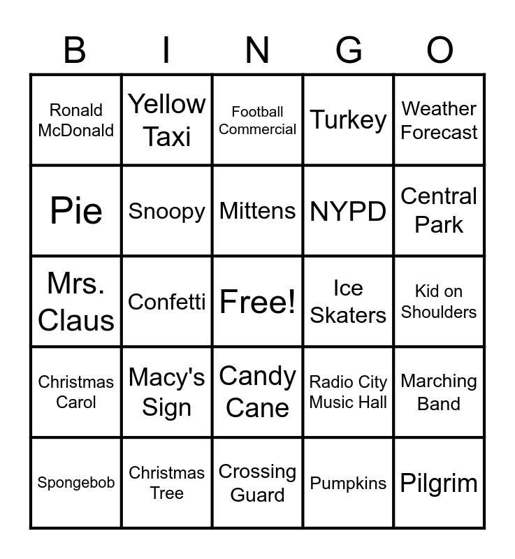 Macy's Thanksgiving Day Parade 2021 Bingo Card