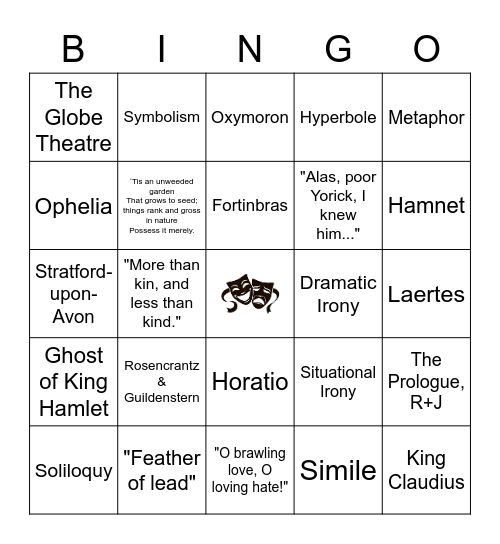Shakespearean Bingo! Hamlet Edition Bingo Card