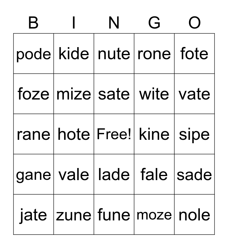 Silent e Nonsense Words Bingo Card