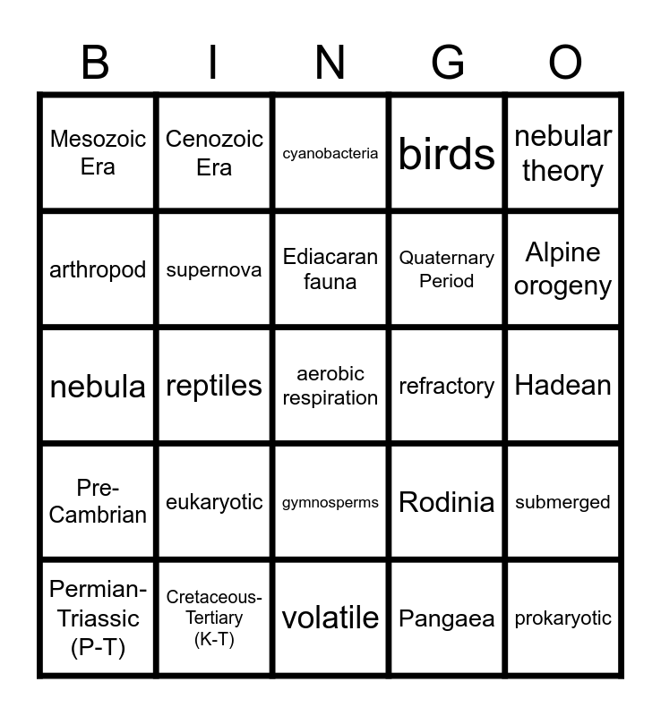 The Great Divisions of the Earth's History Bingo Card