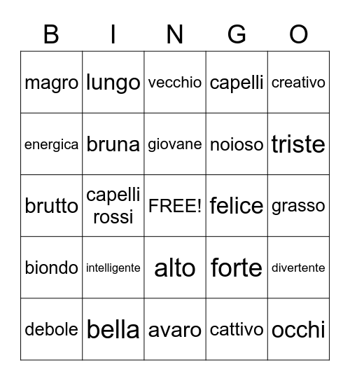 Italian Adjectives - Tombola Bingo Card