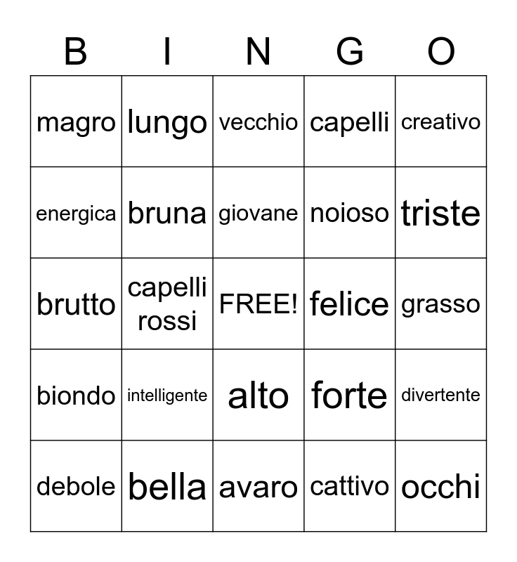 Italian Adjectives - Tombola Bingo Card