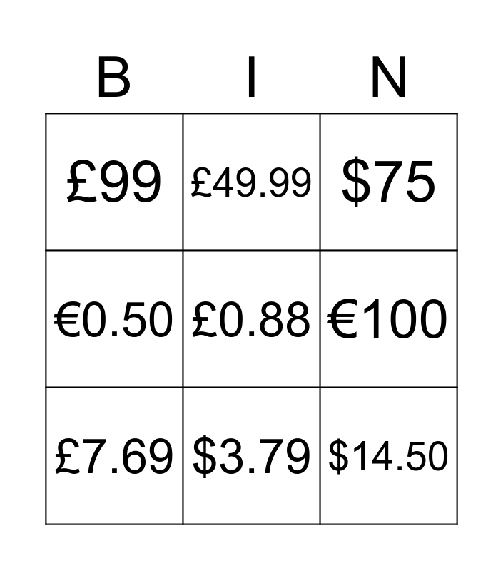 Prices Bingo Card