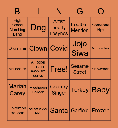 Macy's Thanksgiving Day Parade Bingo Card