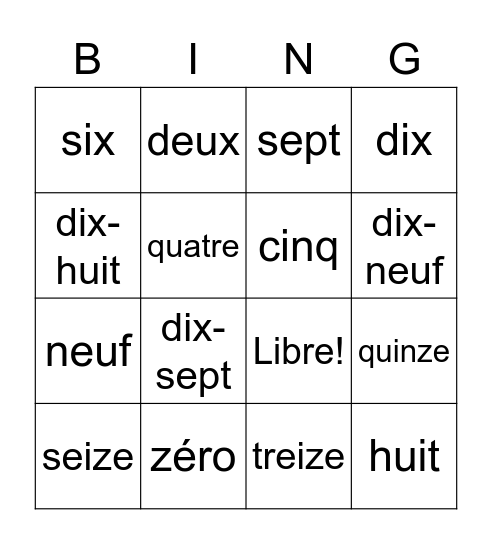 Les numéros (Les mots 0-20) Bingo Card