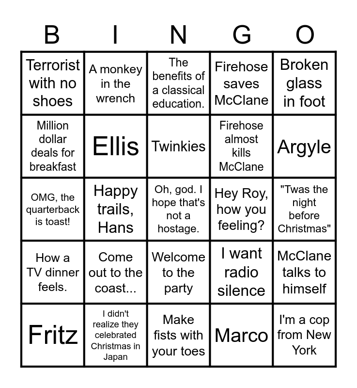 2021 Holiday Die Hard Bingo Card