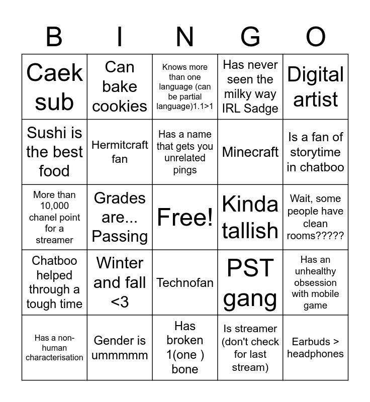 False card Bingo Card