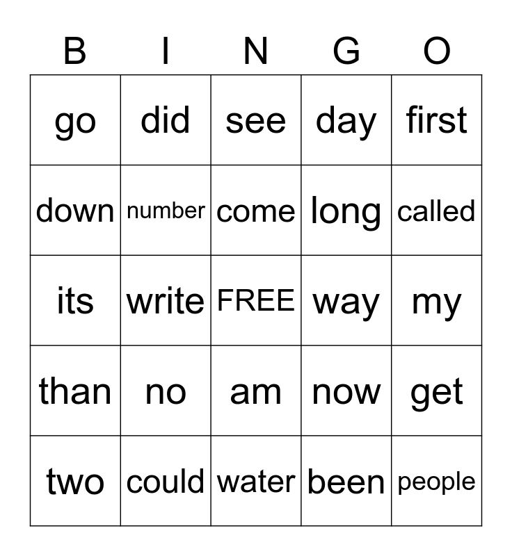 Site Words Bingo III Bingo Card