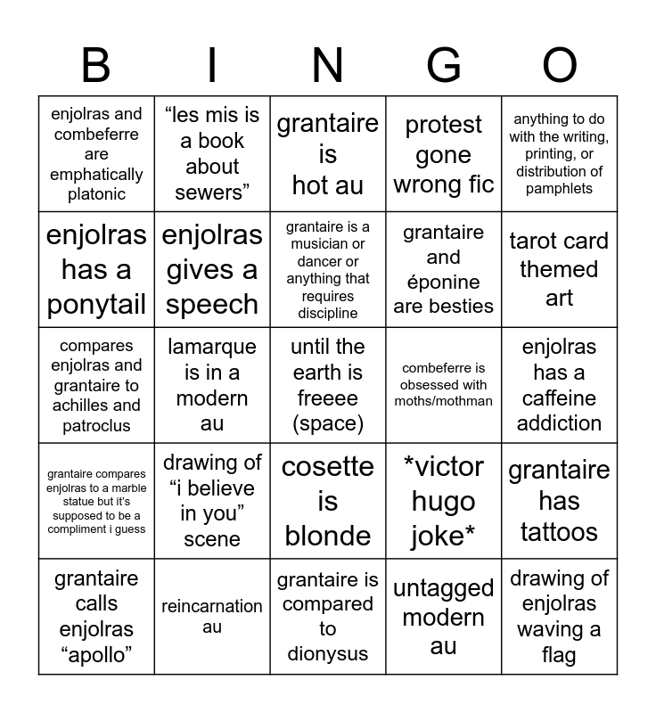 les mis fandom bingo Card