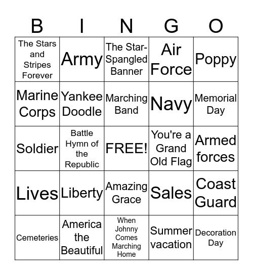 Memorial Day Bingo Card