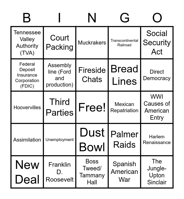 Great Depression Bingo Card