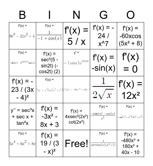 Derivatives Bingo (Calculus I Glasgo) Bingo Card