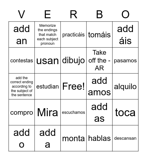 AR Verbs Bingo Card