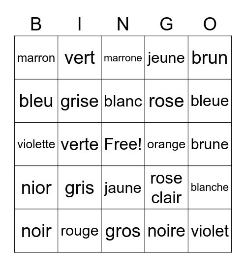 Les couleurs Bingo Card