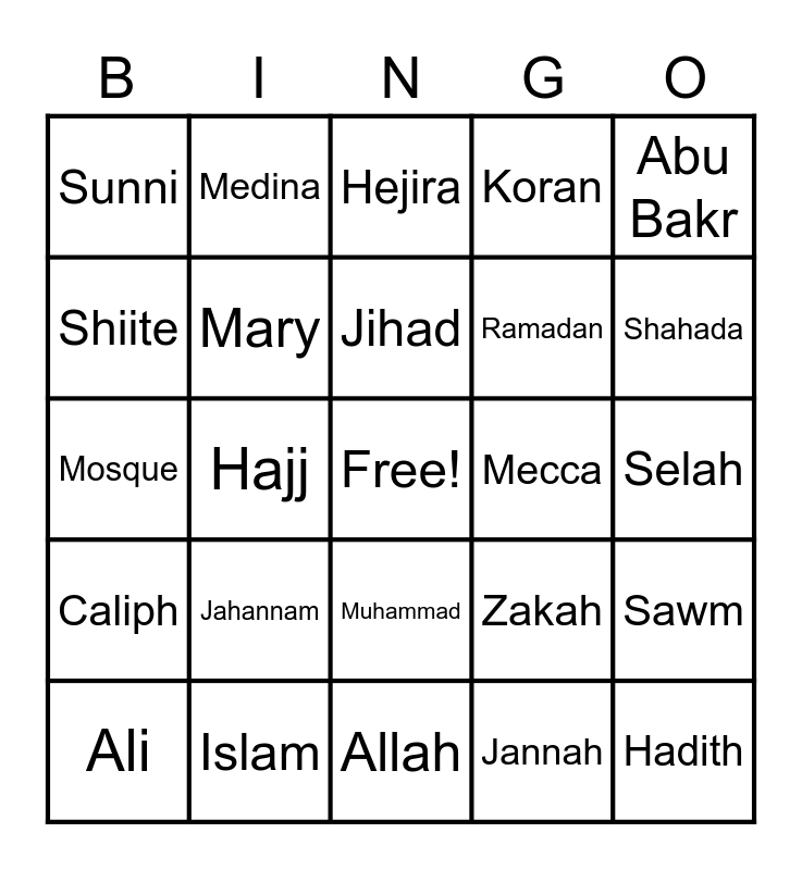 Islam Bingo Card