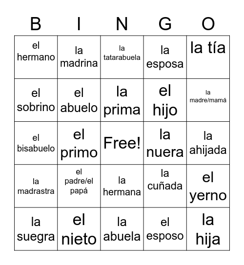 Spanish Family Members Bingo Card