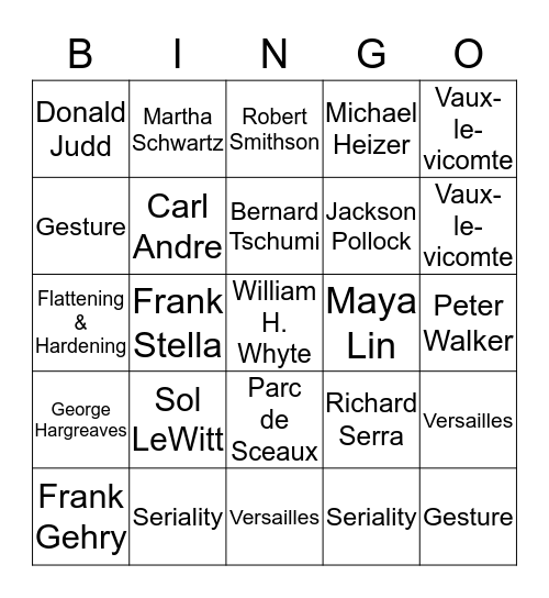 Landscape History Minimalism / Modernism Bingo Card