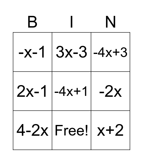 Generate equivalent expressions Bingo Card