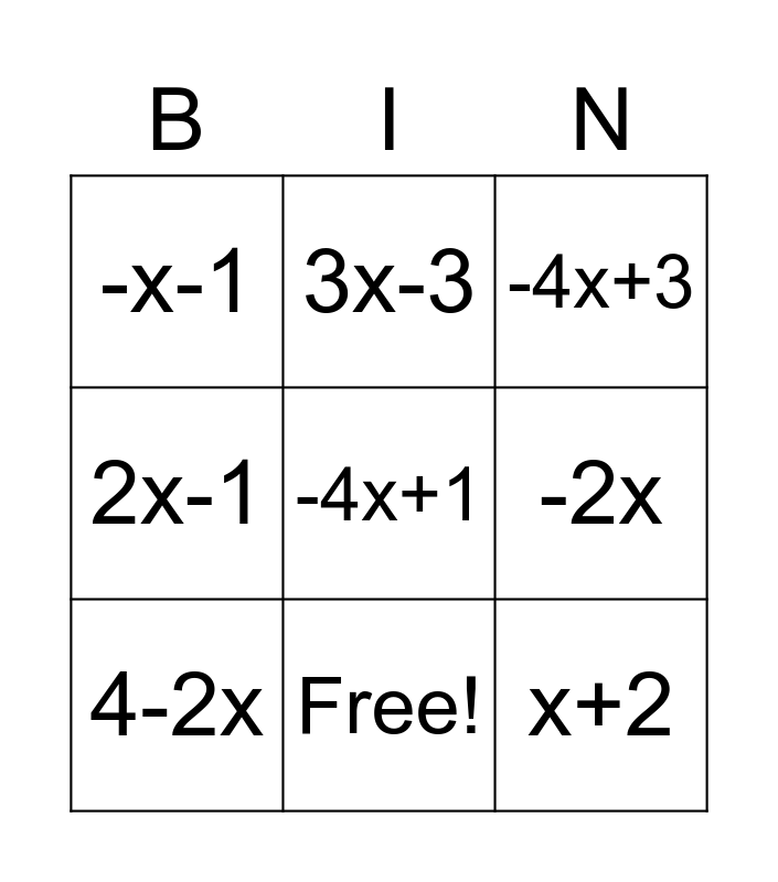 Generate equivalent expressions Bingo Card