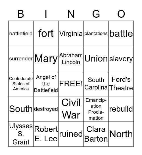 Civil War Bingo Card
