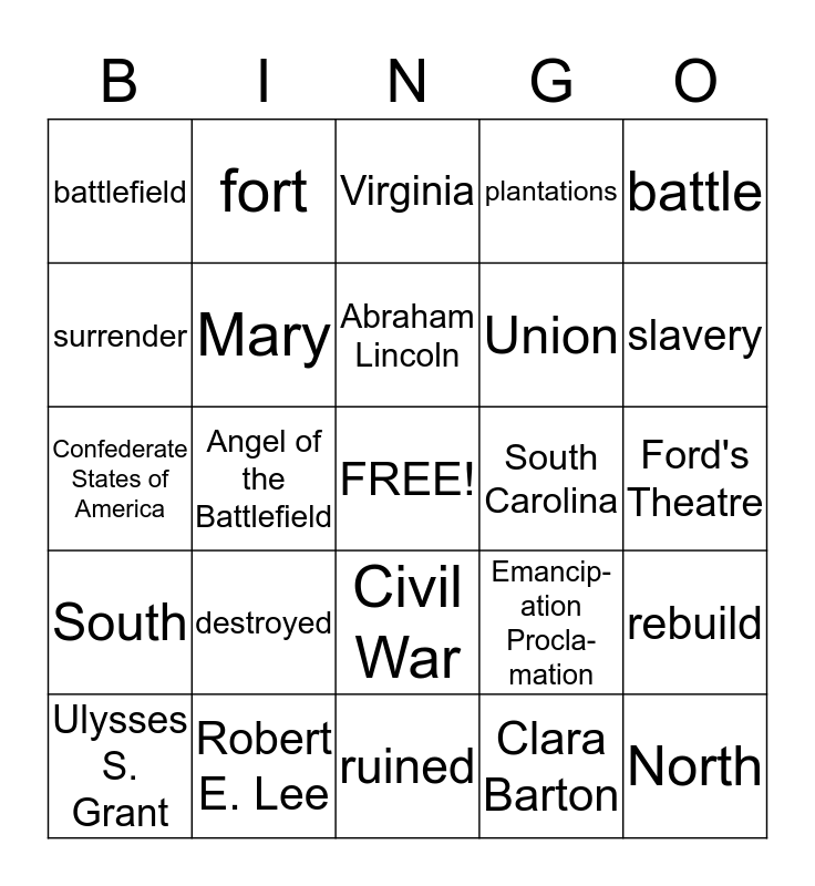 Civil War Bingo Card