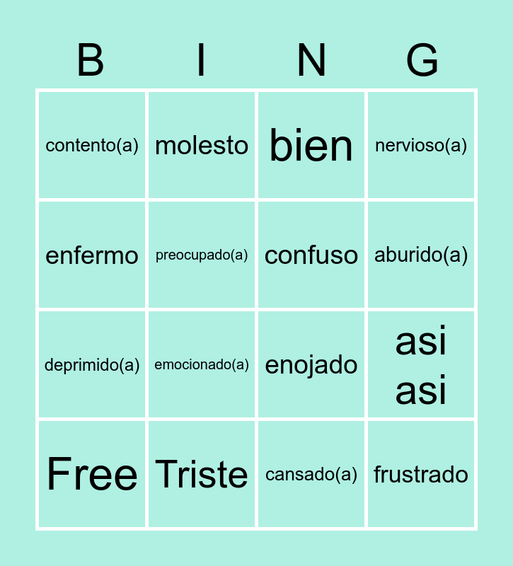 Emotions Bingo (Spanish Edition) Bingo Card