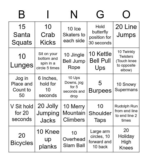 Holiday Fitness BINGO Card