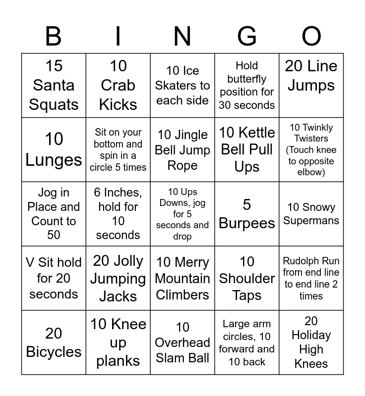 Holiday Fitness BINGO Card