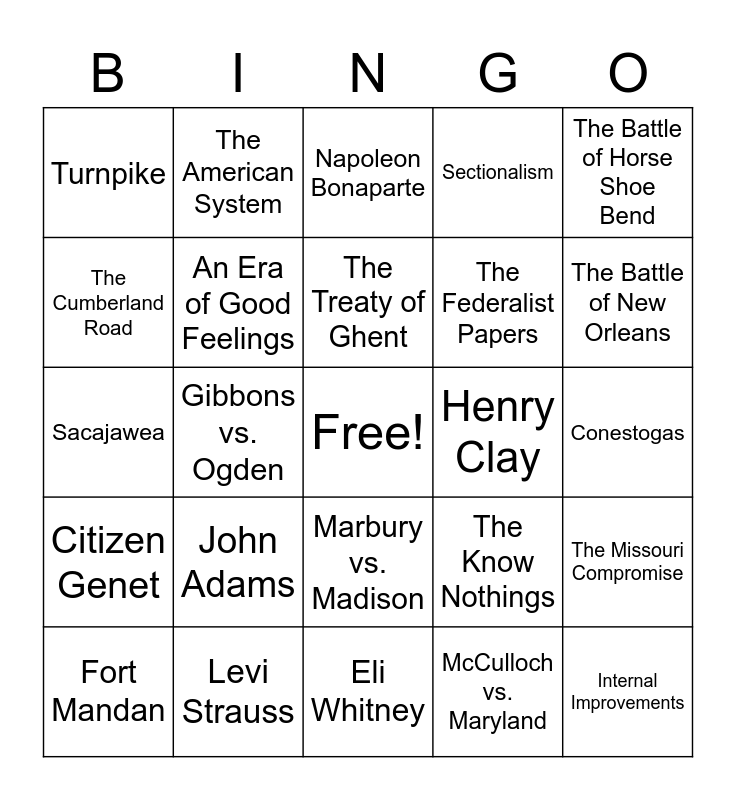 American History Bingo Card