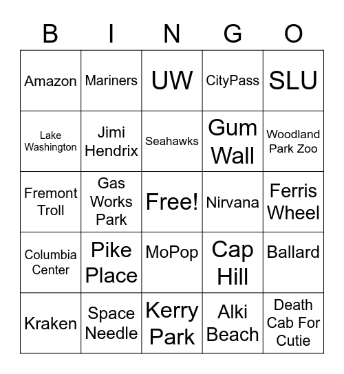 Seattle Edition Bingo Card