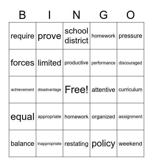HOMEWORK BINGO FOR 12-3-21 Bingo Card