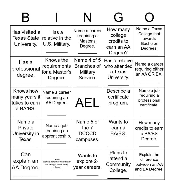 AEL BINGO Card