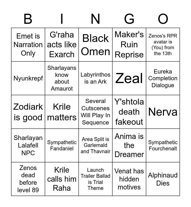 Endwalker Bingo Card