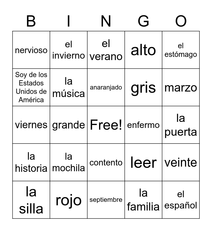 Review Spanish I Vocab Dec 3 Bingo Card