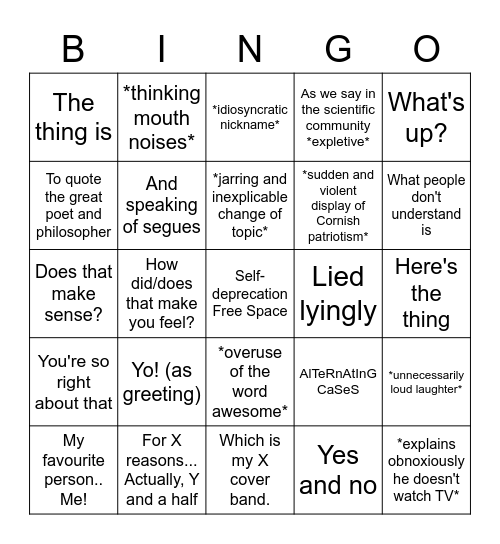 Olli's Verbal Ticks Bingo Card