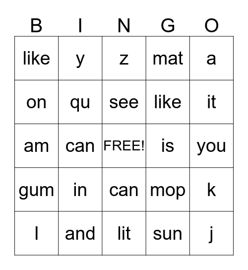 Sight Word Bingo Card