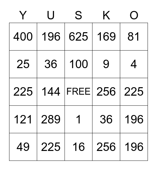 Square Numbers Bingo Card