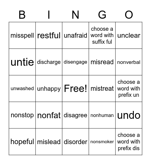 Prefix and Suffix Bingo Card