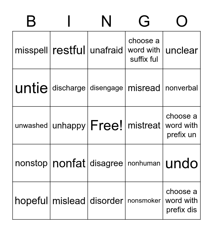 Prefix and Suffix Bingo Card