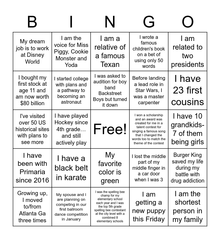 Fun Fact Bingo Card