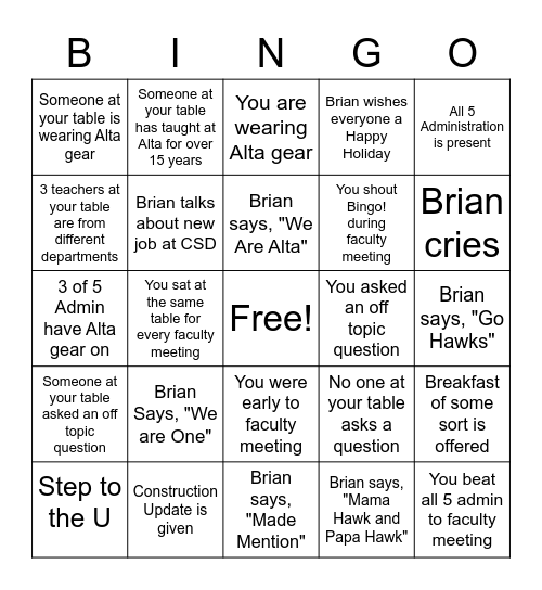 Bingo Round 2 Bingo Card