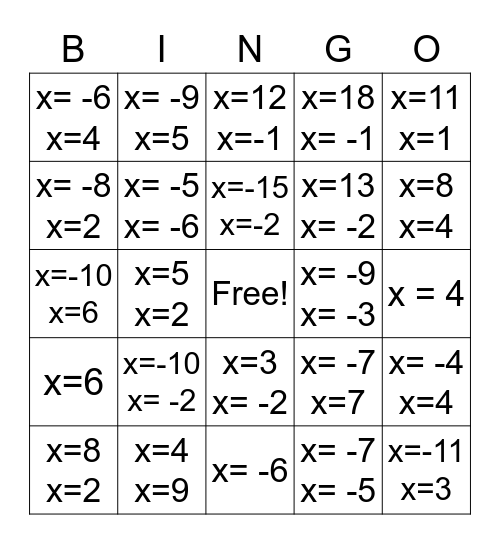 Solve by Factoring Bingo Card