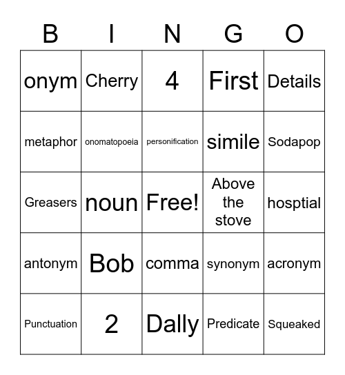 Mini Lesson/The Outsiders/Vocab Unit 8 Review Bingo Card