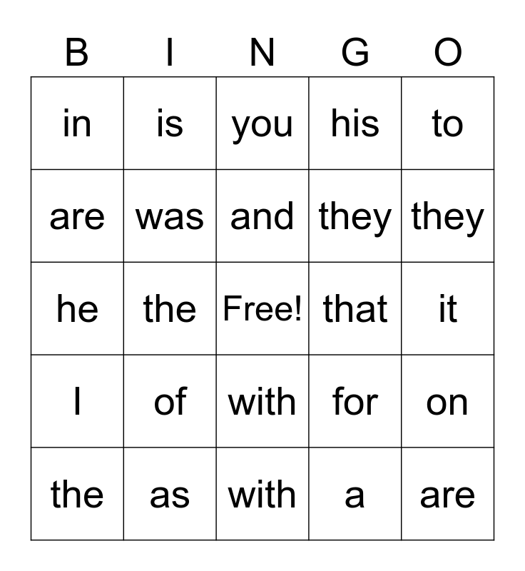 First Grade Sight Words 1 - 10 Bingo Card