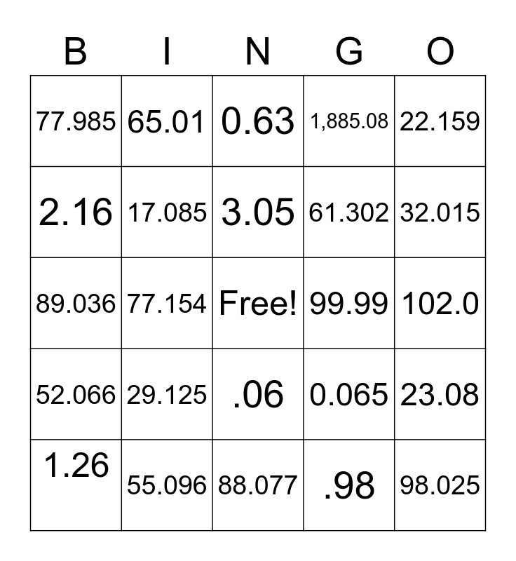 Reading Decimal's Bingo! Bingo Card