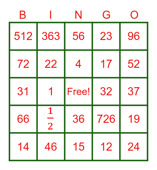 Evaluating Algebraic Expressions Bingo Card