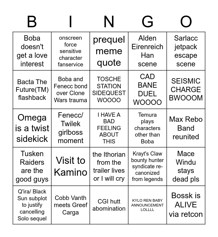 Kelsey's Boba Fett BINGO baybee Bingo Card