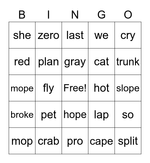 Open and Closed Syllables Bingo Card