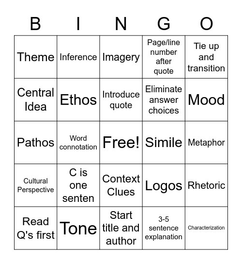 EOC Prep Bingo Card